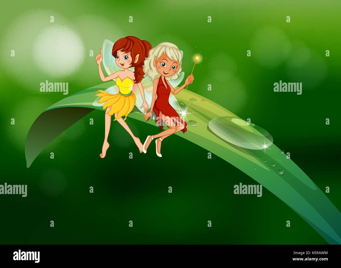 Illustration of the two fairies sitting on an elongated leaf Stock ...