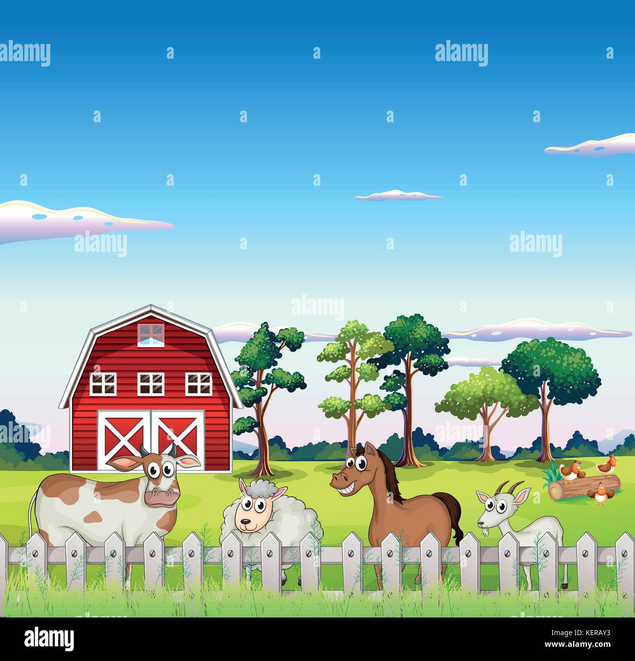 Illustration of the animals inside the fence with a barnhouse at the ...