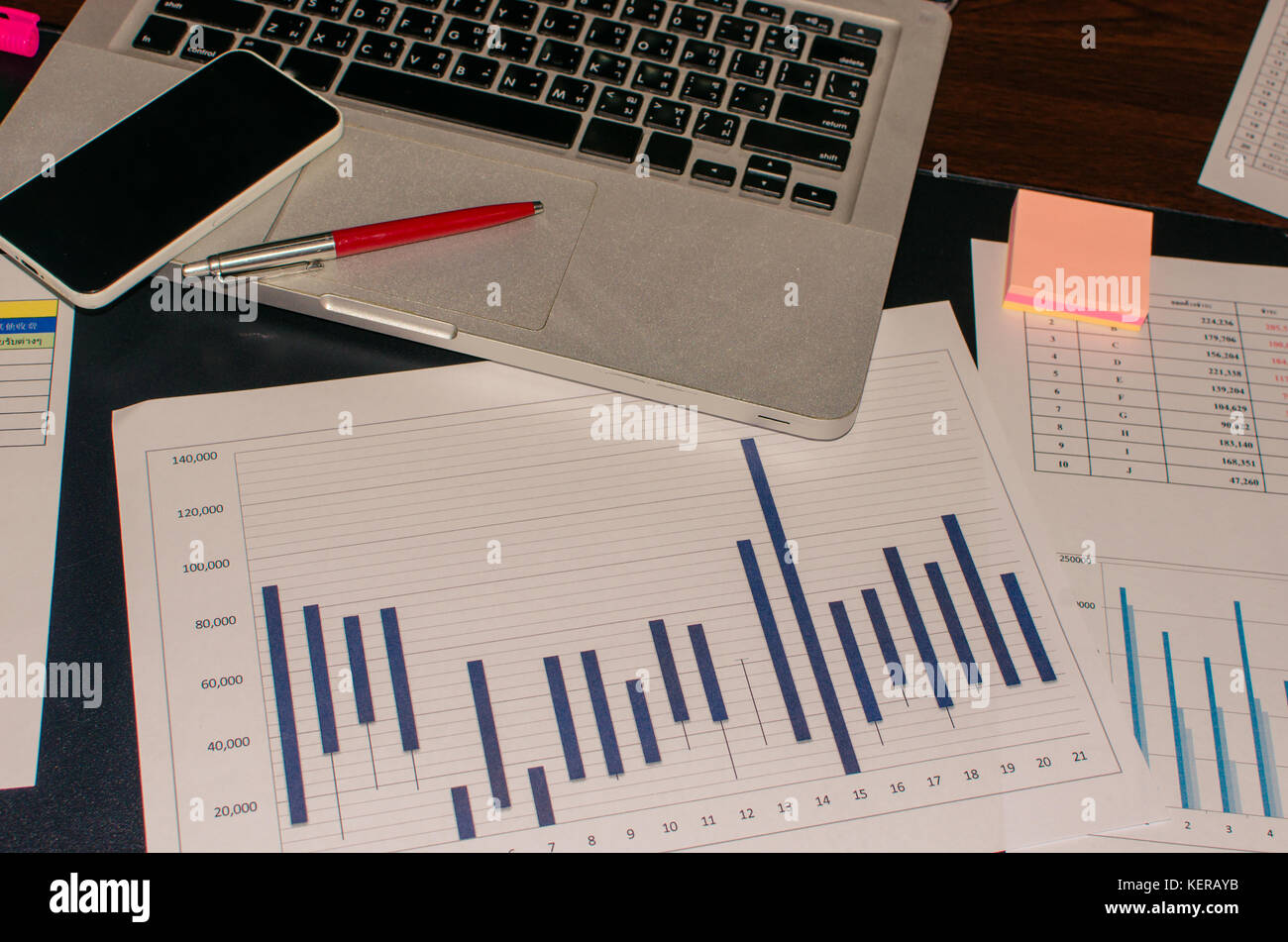 Business graphs with laptop on the office workplace Stock Photo - Alamy