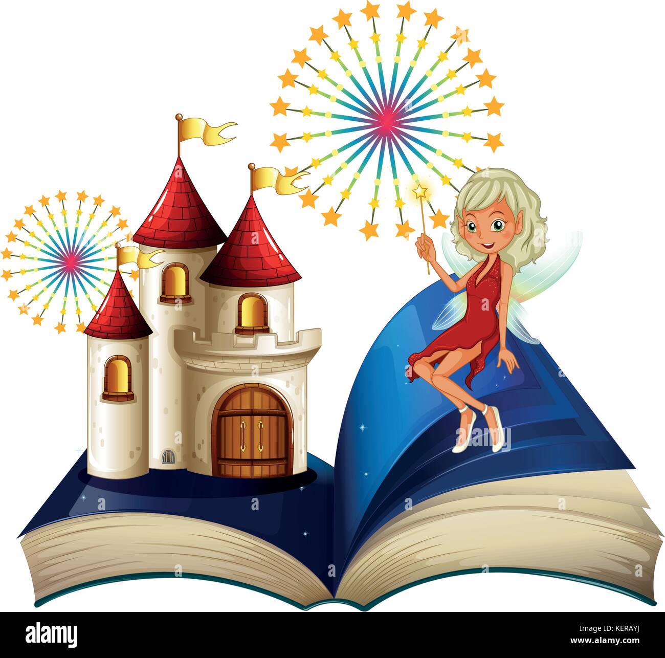 Illustration of a storybook with a castle and a fairy on a white ...