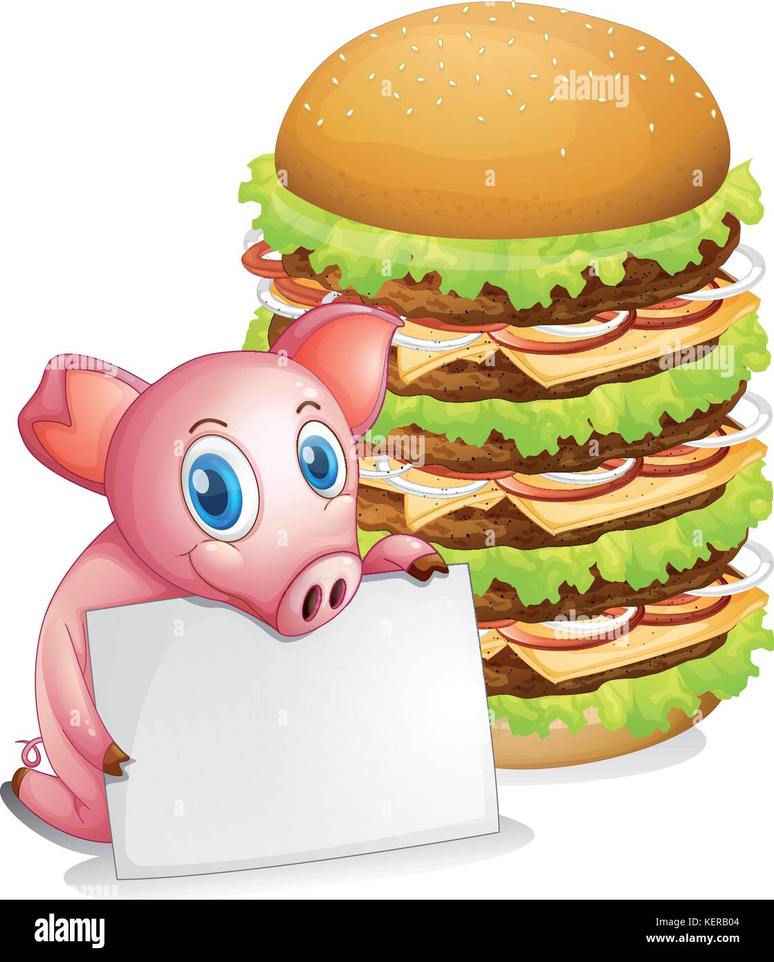 Illustration of a pig holding an empty paper beside a pile of burgers ...