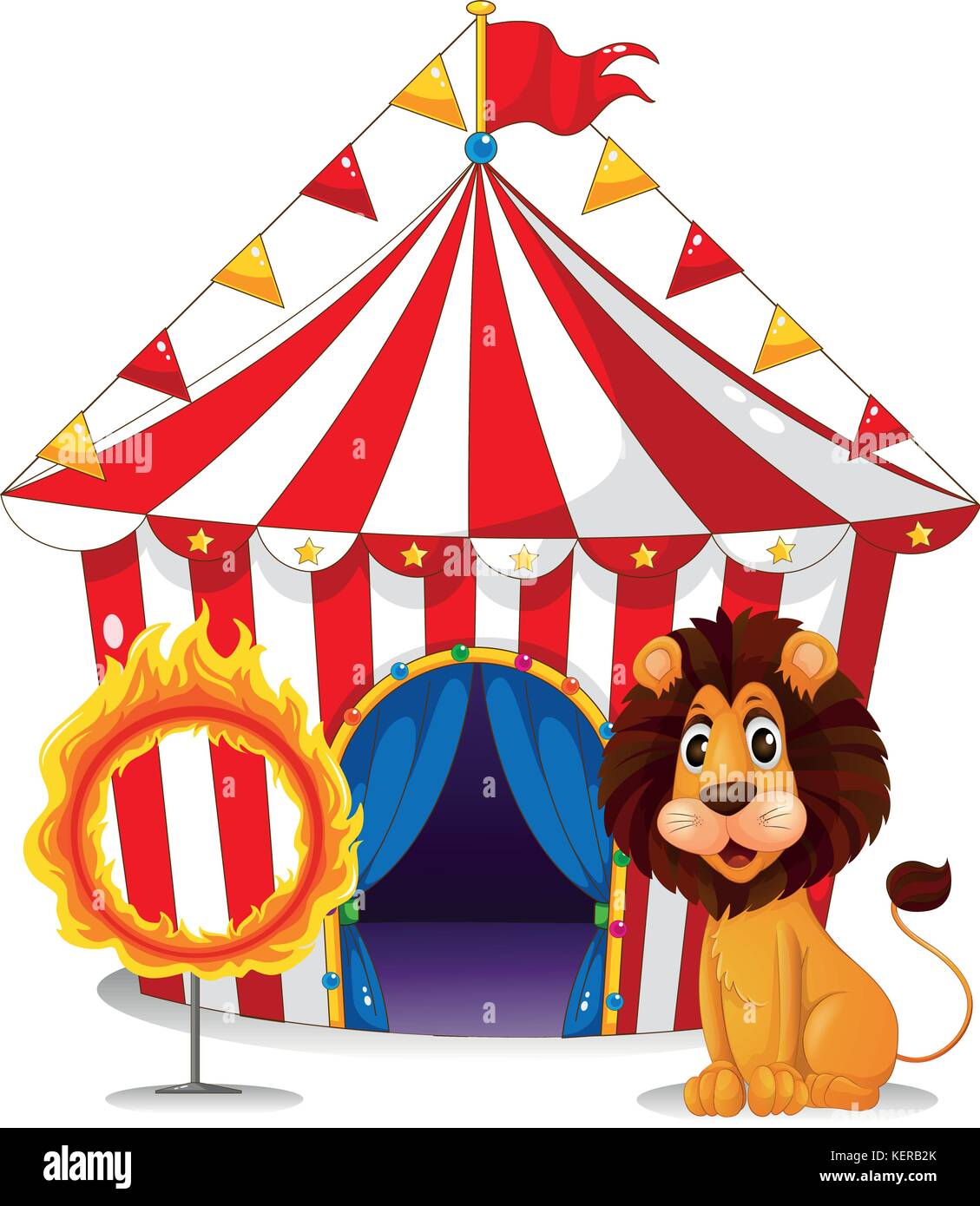 Illustration of a lion and a fire ring in front of the circus tent on a ...