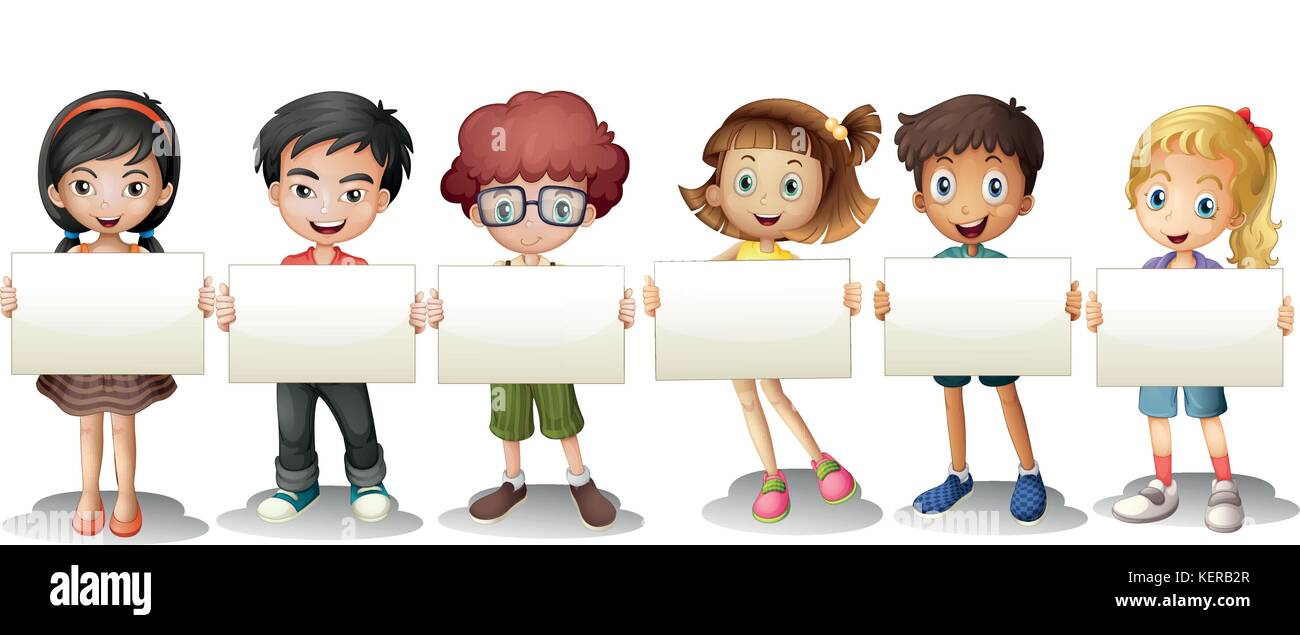 Illustration of the six kids with empty signages on a white background ...