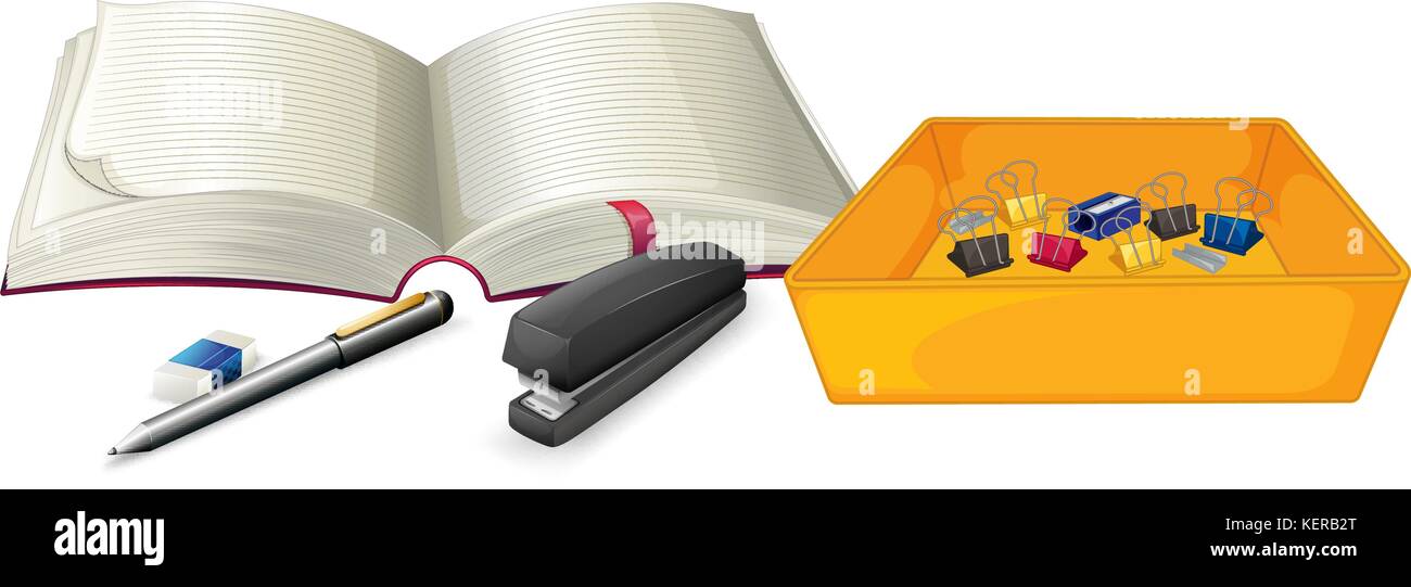 Illustration of a notebook and the different school supplies on a white ...