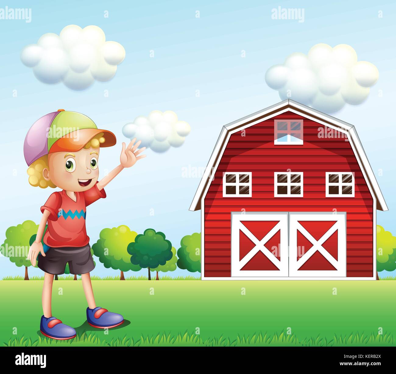 Illustration of a boy waving his hand near the barnhouse Stock Vector ...