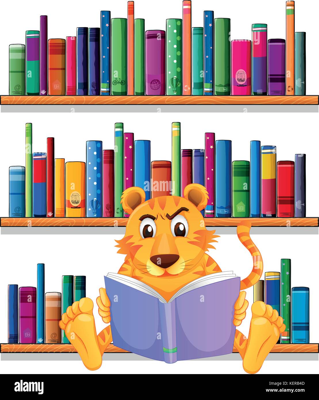 Illustration of an angry tiger reading in front of the wooden shelves ...