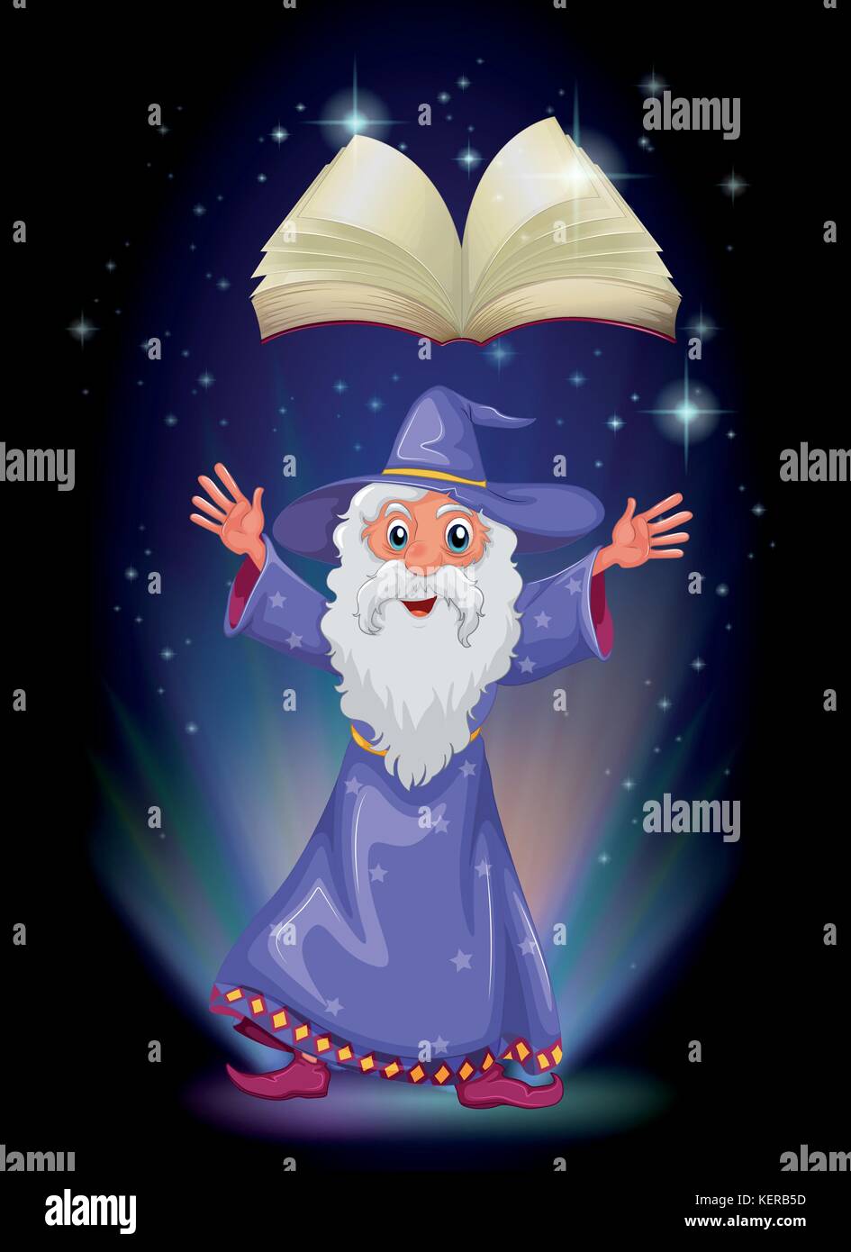 Ilustration of an old wizard below the floating empty book Stock Vector ...