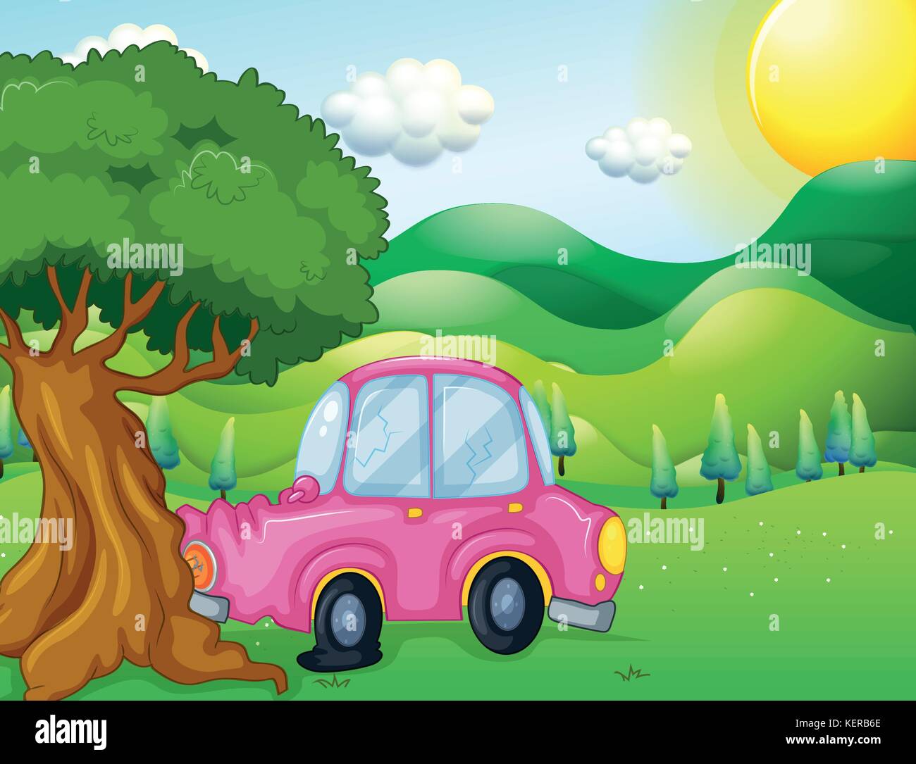 Illustration of a pink car bumping the big tree Stock Vector Image ...