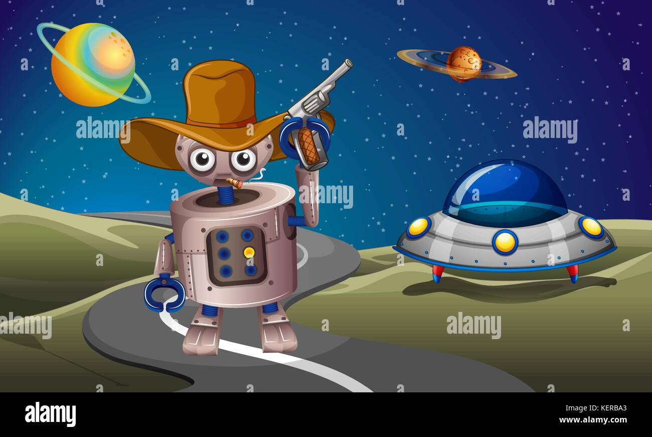 Illustration of a robot at the road with a spaceship in the outerspace ...