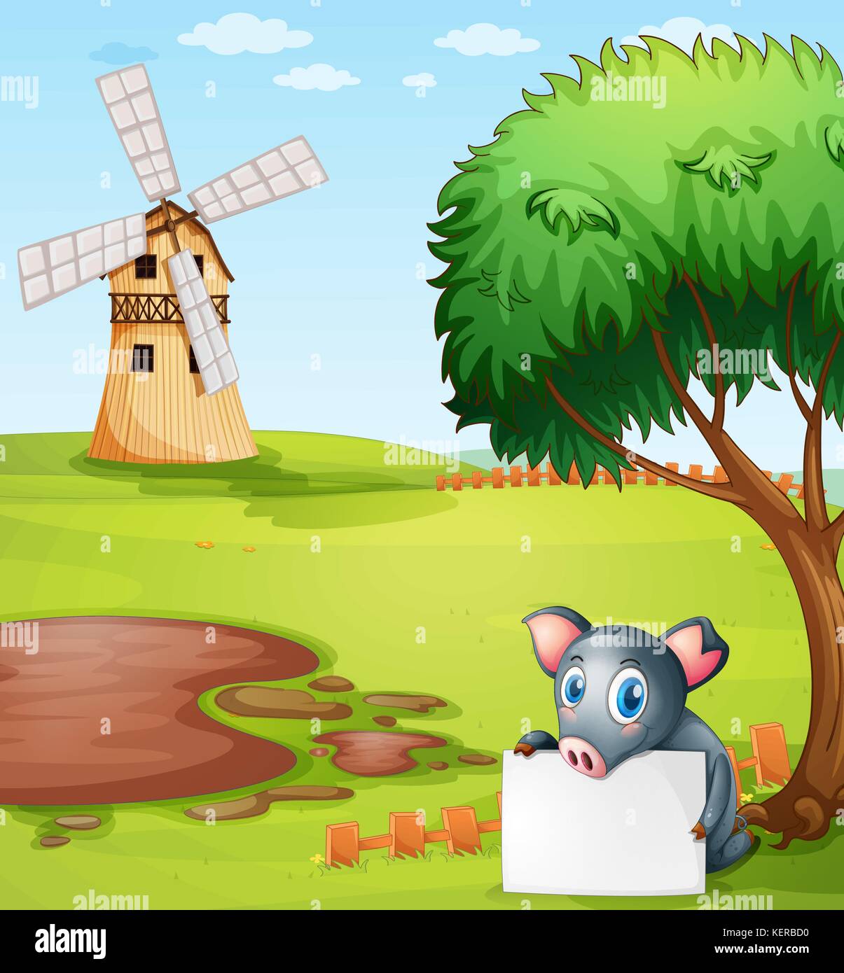 Illustration of a pig holding an empty paper in front of a farm Stock ...