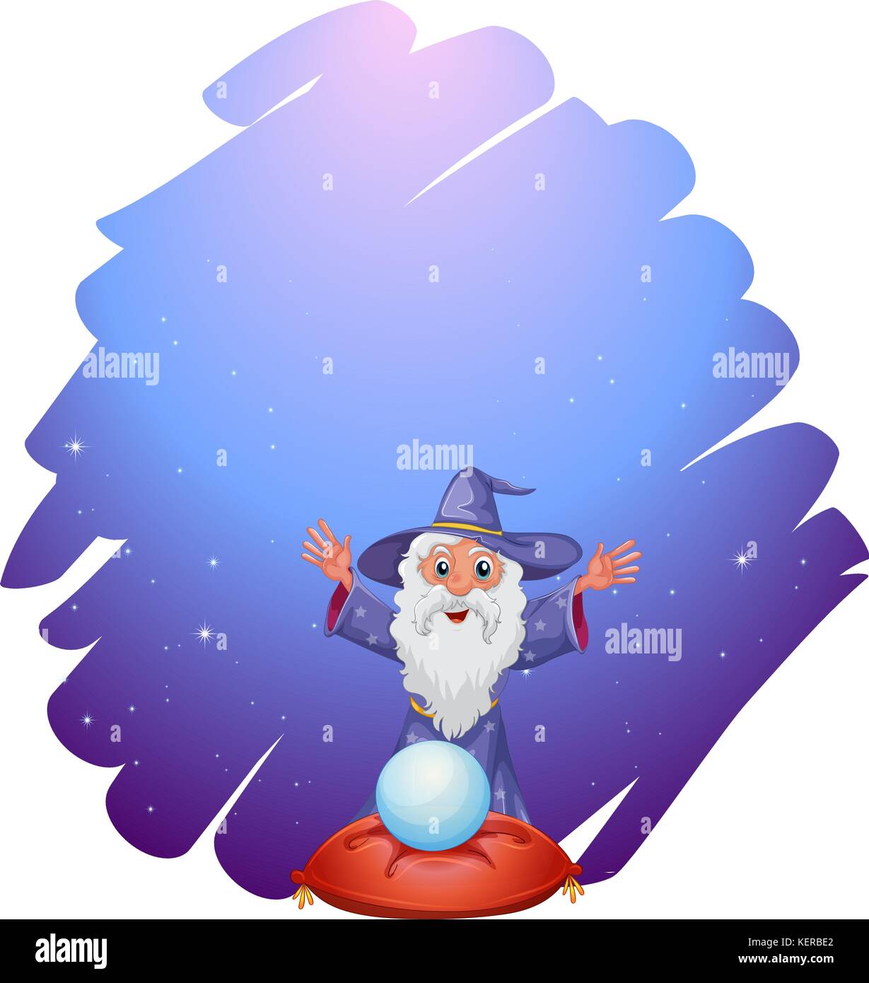 Illustration of a wizard with a crystal ball above a pillow on a white ...
