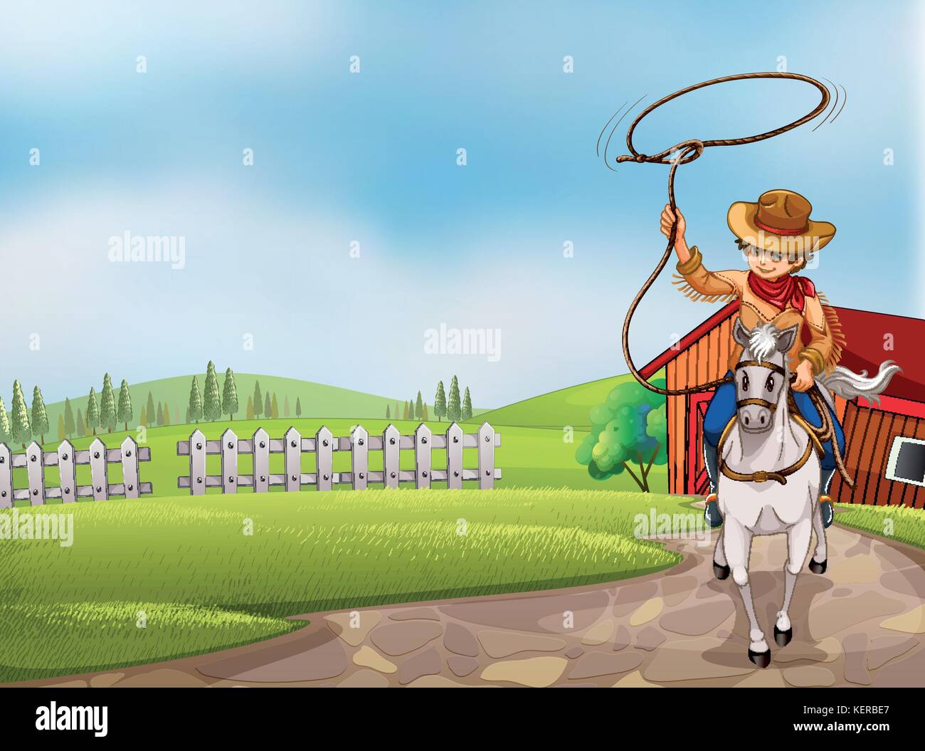 Illustration of a cowboy holding a rope riding on a horse Stock Vector ...