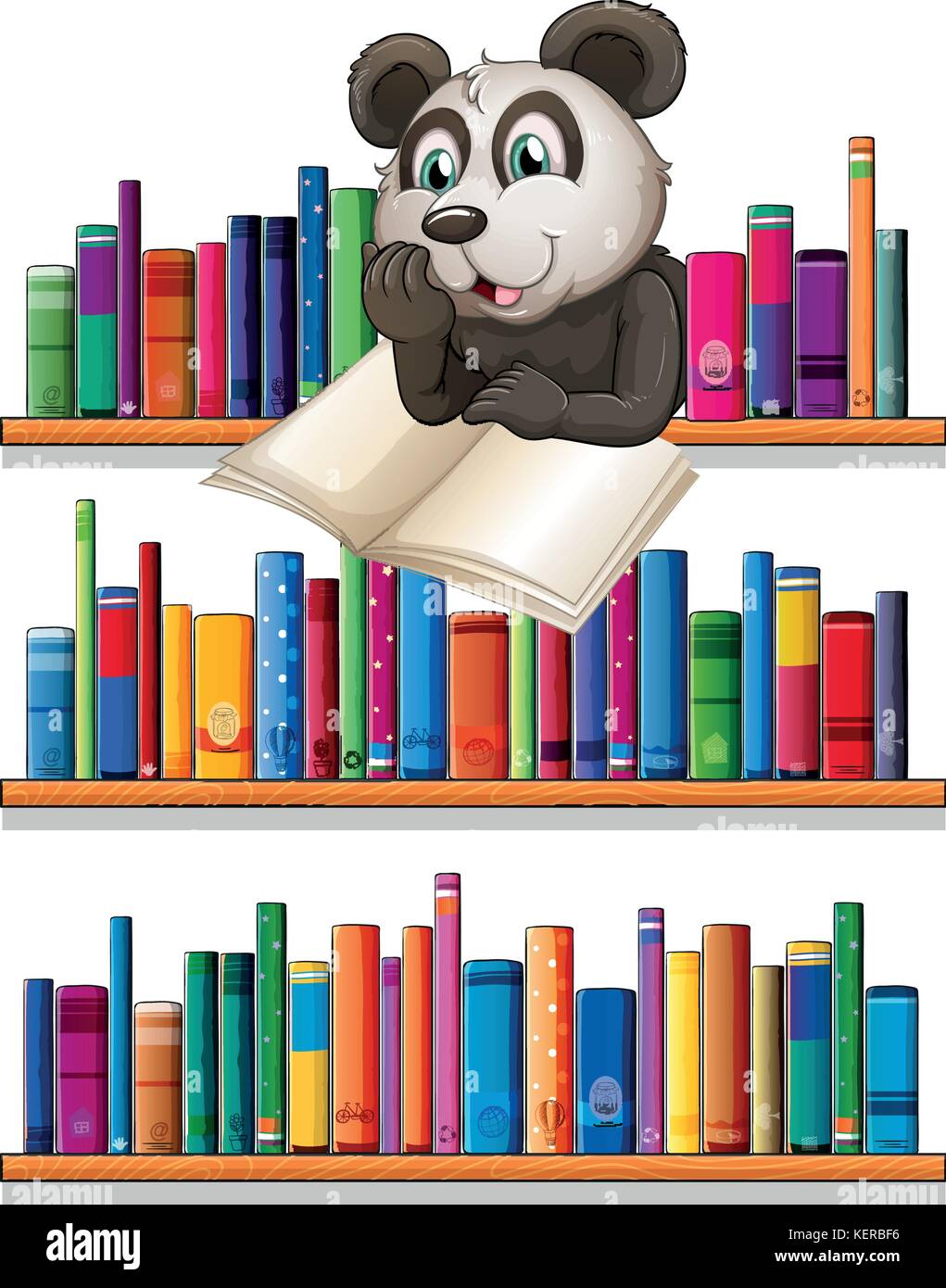 Illustration of a panda reading above the wooden shelf with books on a ...