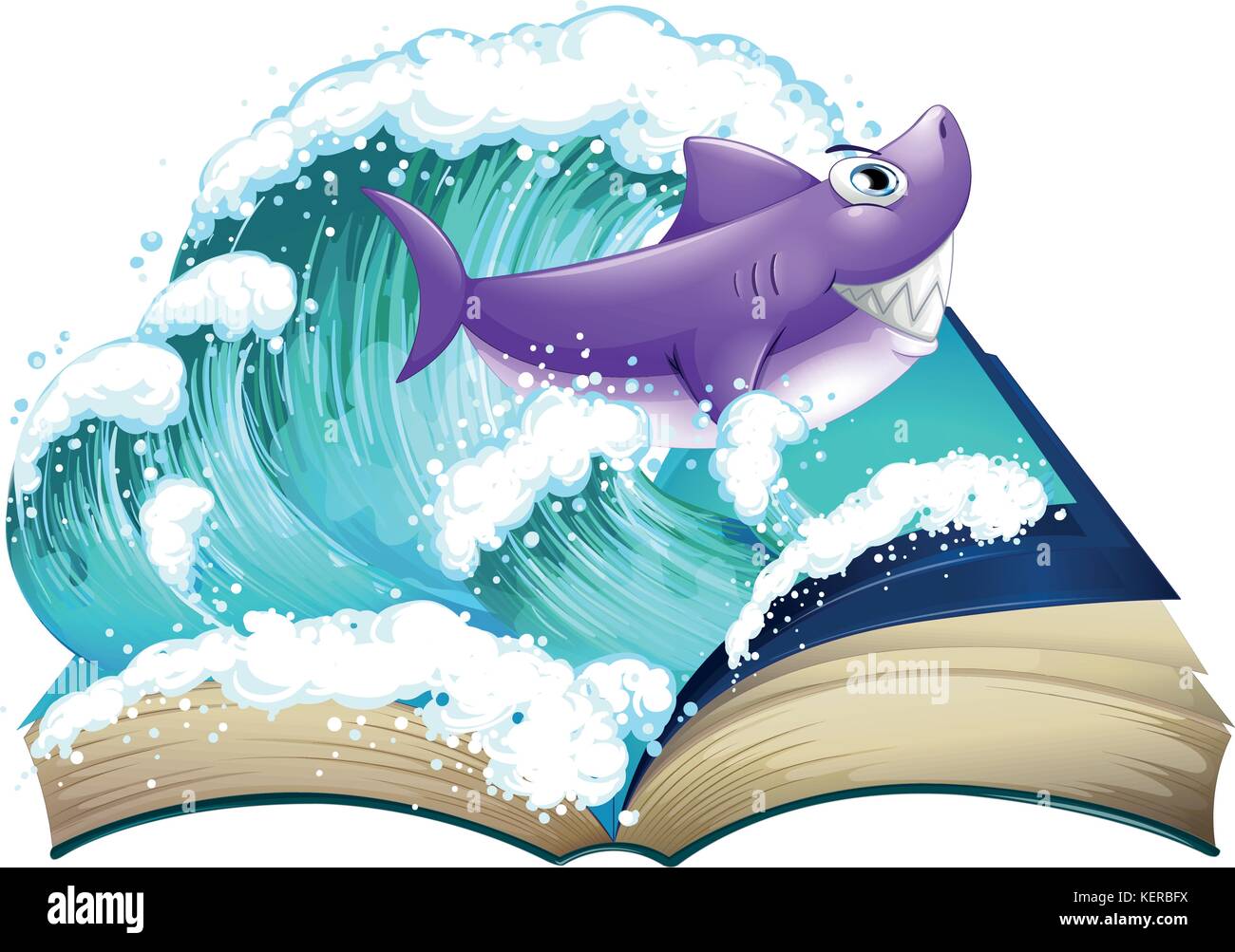 Illustration of a storybook with a shark and a big wave on a white ...