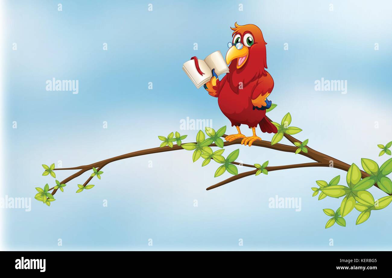Illustration of a parrot reading above a branch of a tree Stock Vector ...