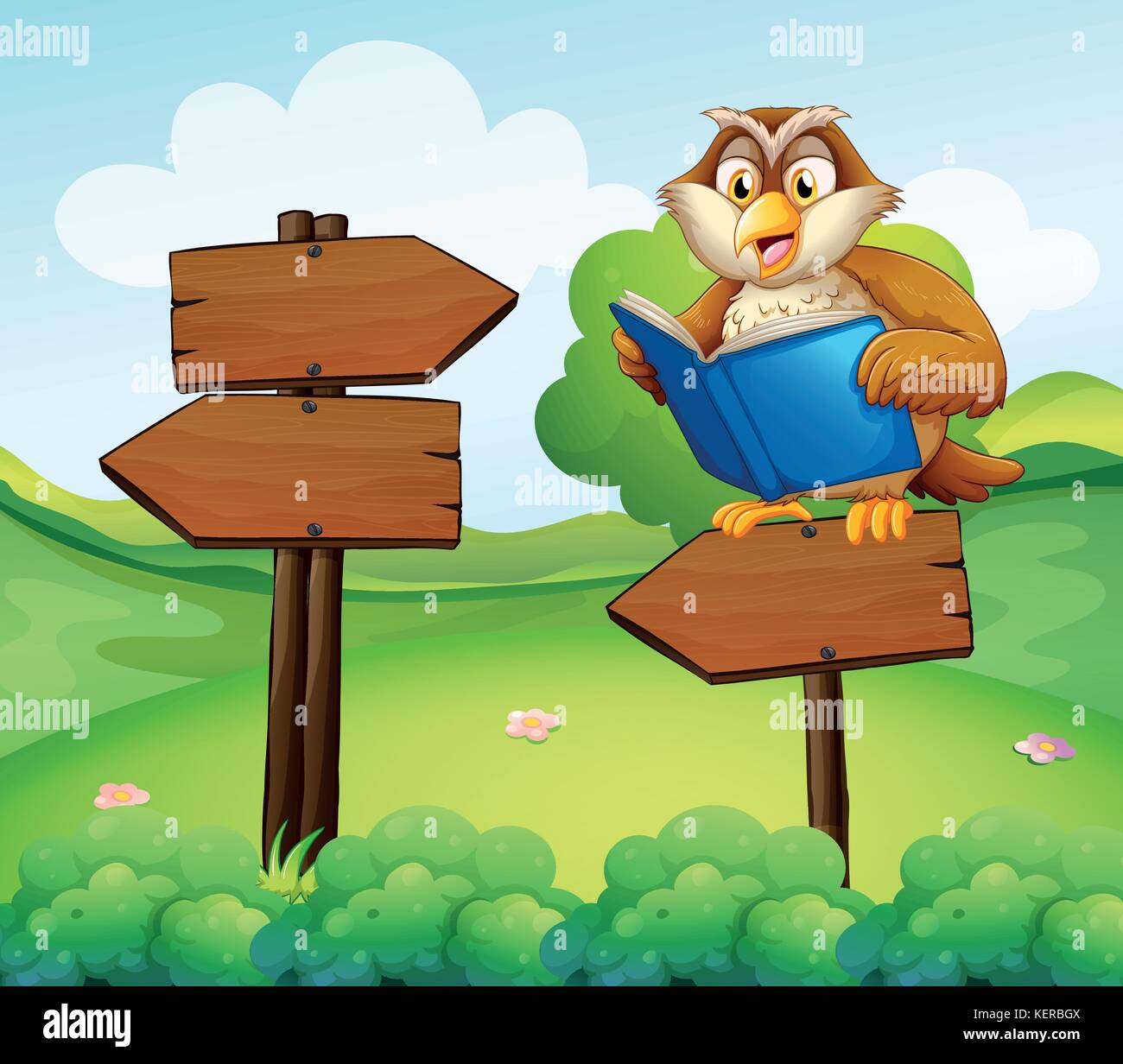 Illustration of an owl reading above an empty arrow signboard Stock ...