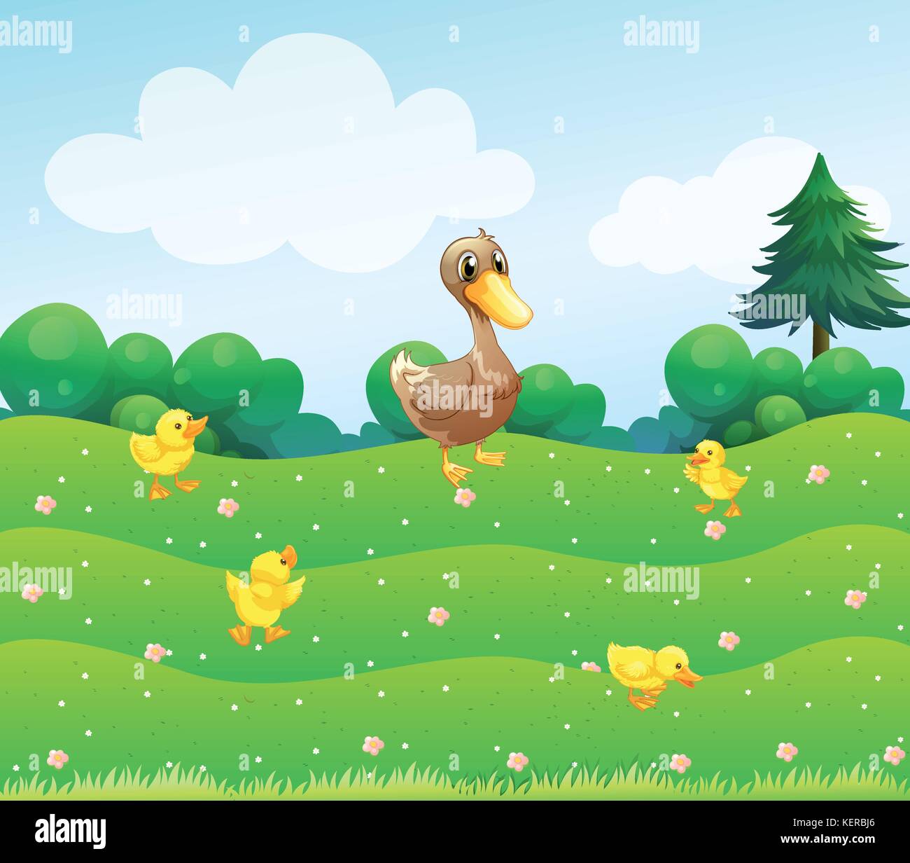 Illustration of a mother duck and her ducklings in the bushes Stock ...