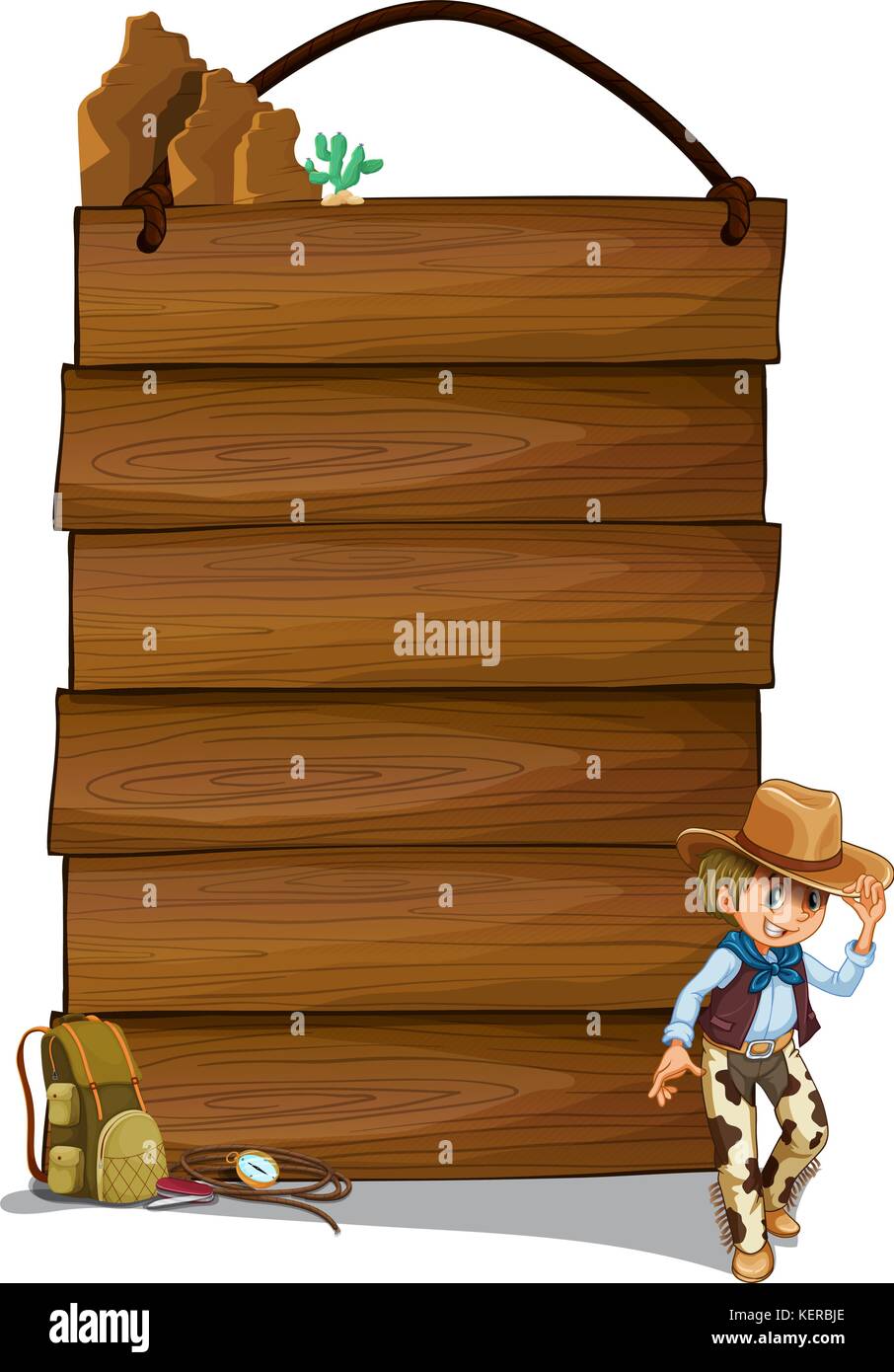 Illustration of a cowboy and the empty wooden signboards on a white ...