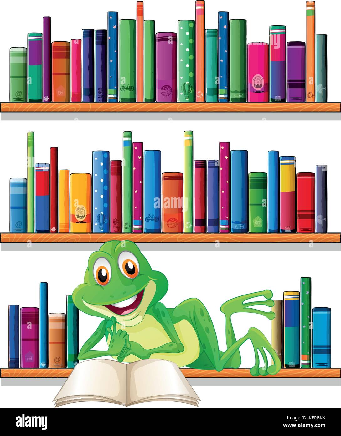 Illustration of a smiling frog reading a book on a white background ...