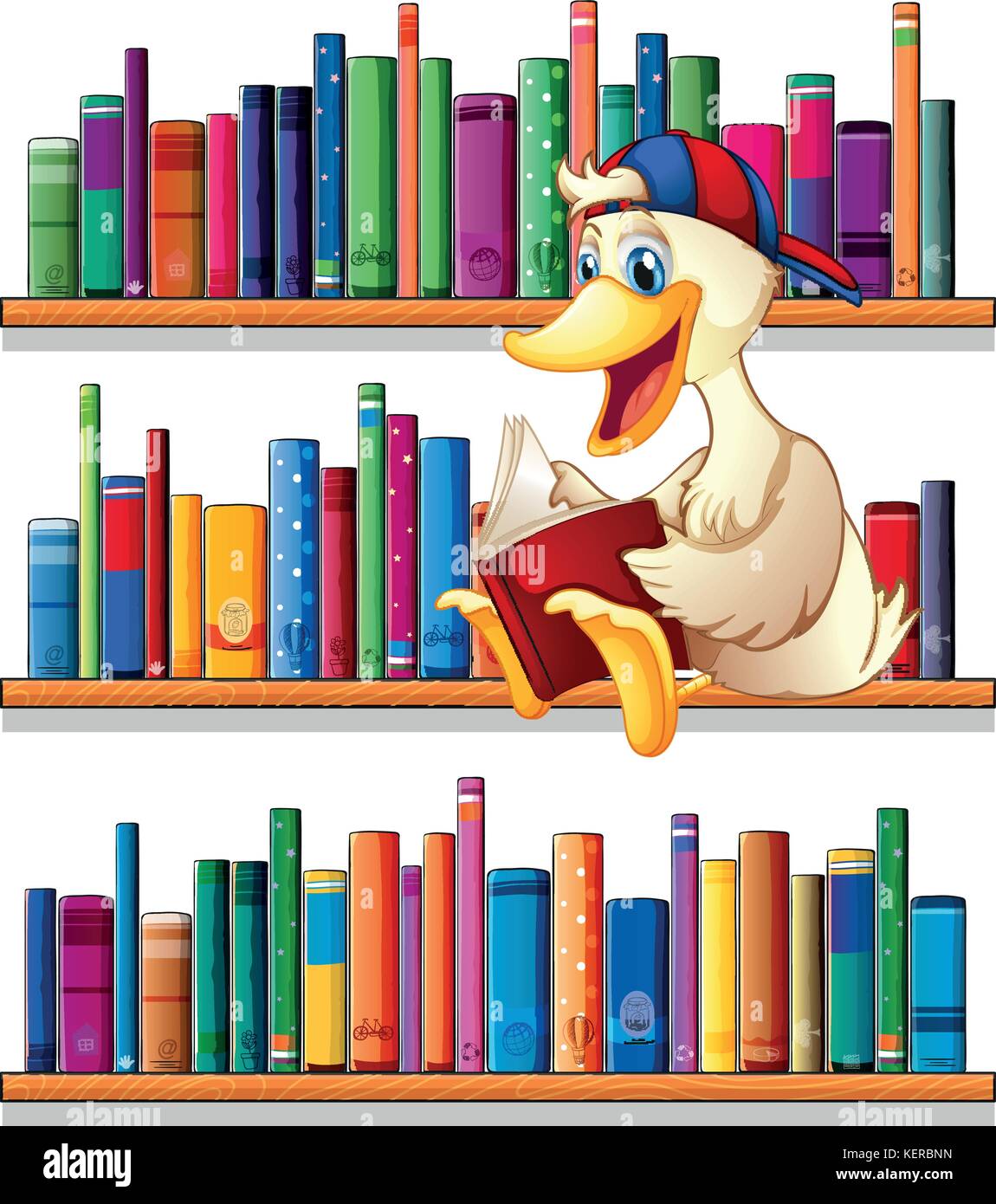 Illustration of a library with a duck reading on a white background ...