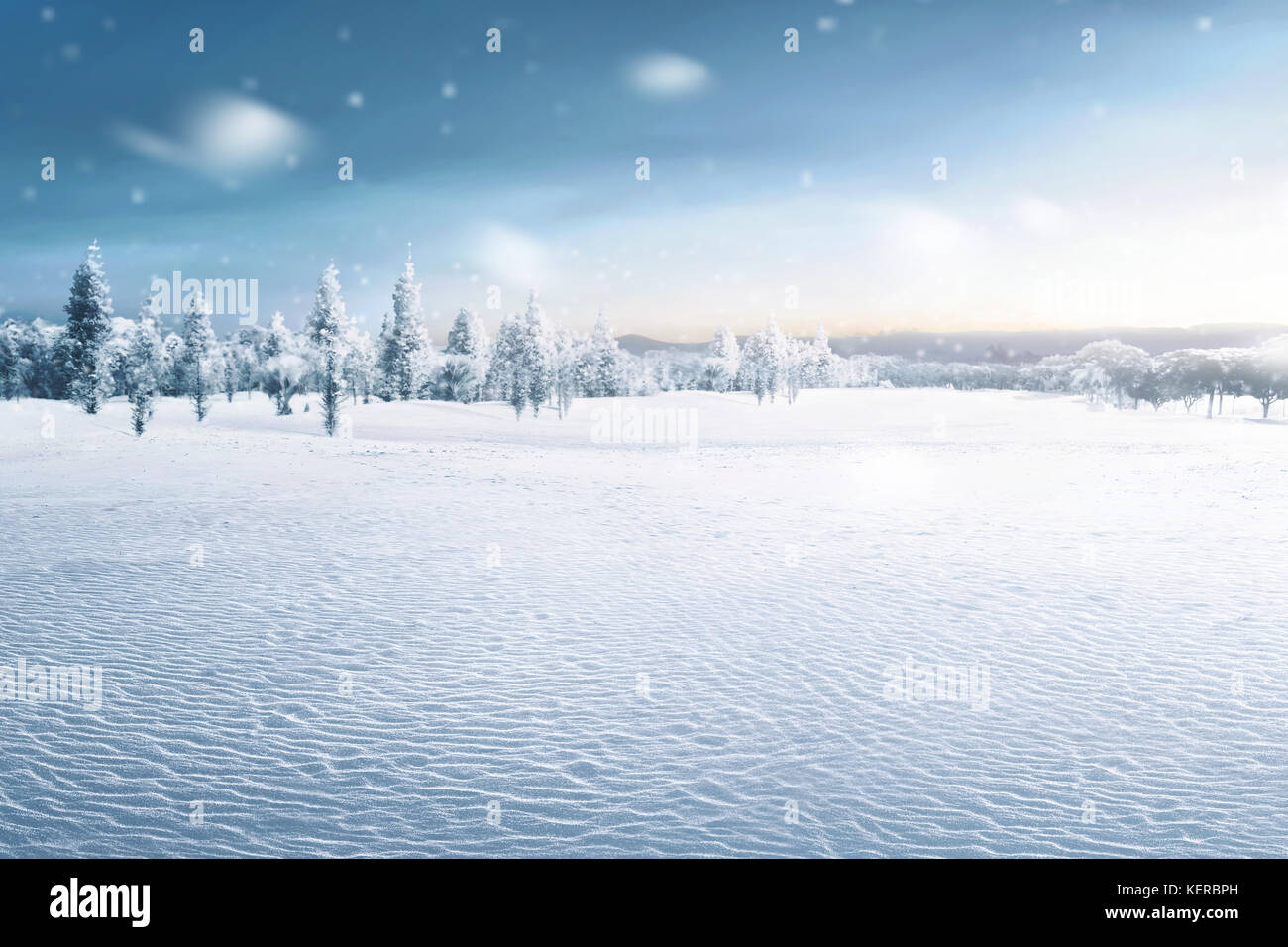 Landscape of snowy field with frozen trees at winter Stock Photo - Alamy