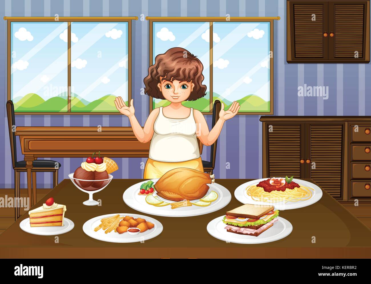Illustration of a fat lady in front of a table with many foods Stock ...