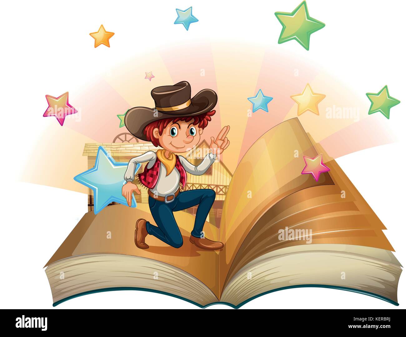 Illustration of a book with a young cowboy on a white background Stock ...