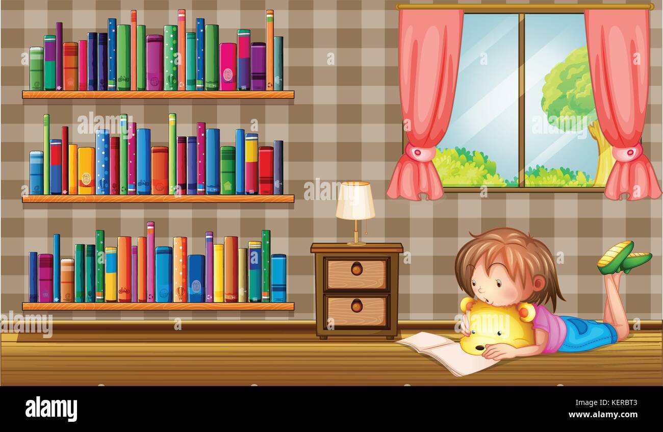 Illustration of a girl reading a book near a window with a pink curtain ...