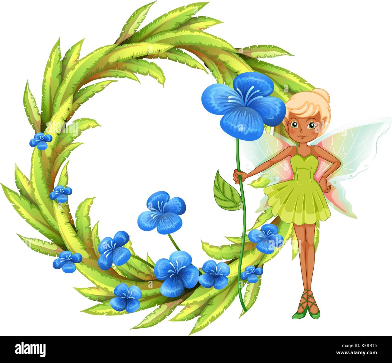 Illustration of a round leafy border with a fairy holding a blue flower ...