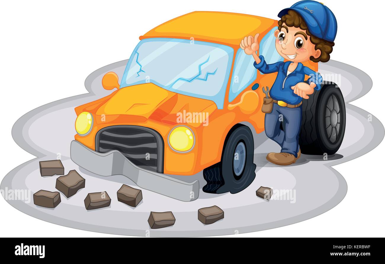 Illustration of a boy fixing a broken orange car on a white background ...