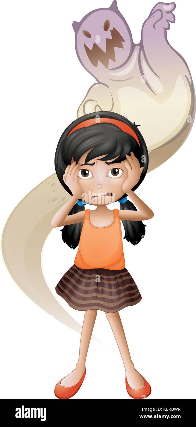 Illustration of a scared child with a ghost at her back on a white ...