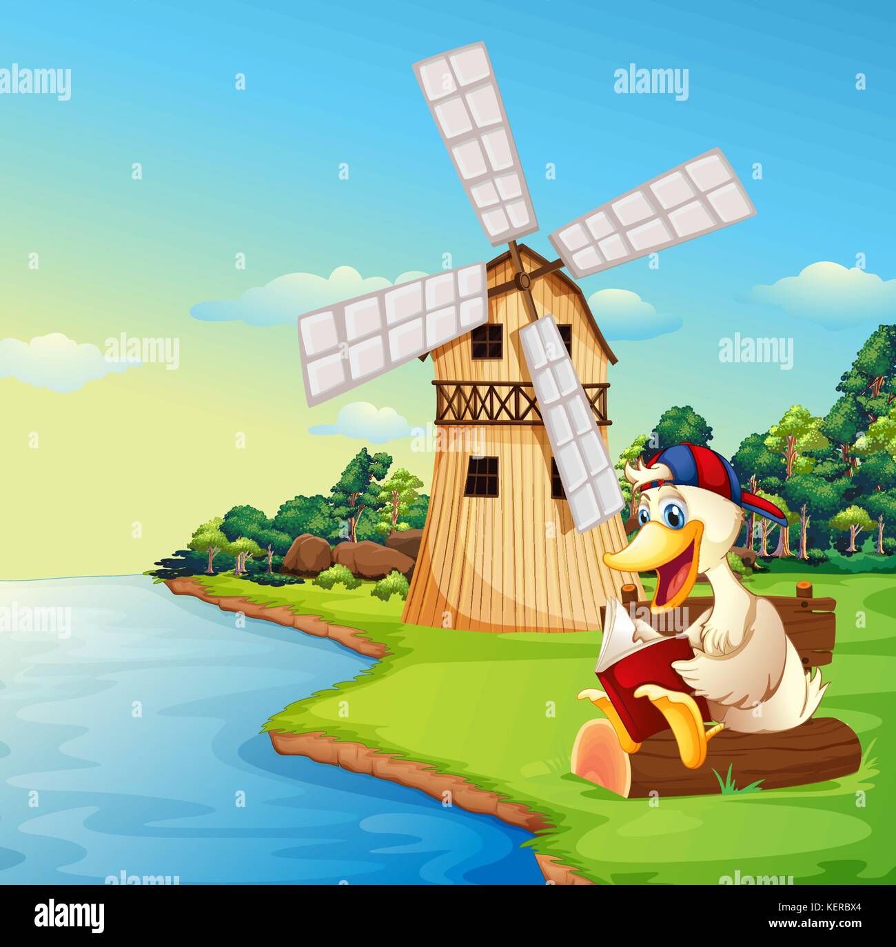 Illustration of a duck reading a book near the windmill Stock Vector ...