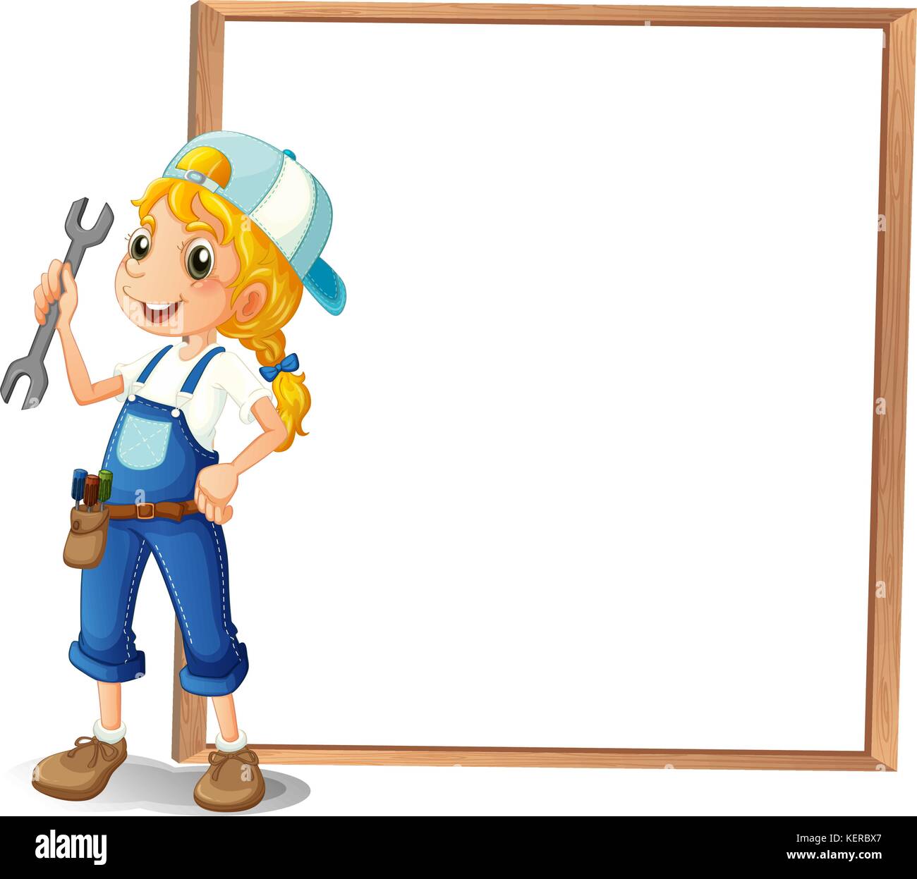 Illustration of a girl holding a tool beside a big frame on a white ...