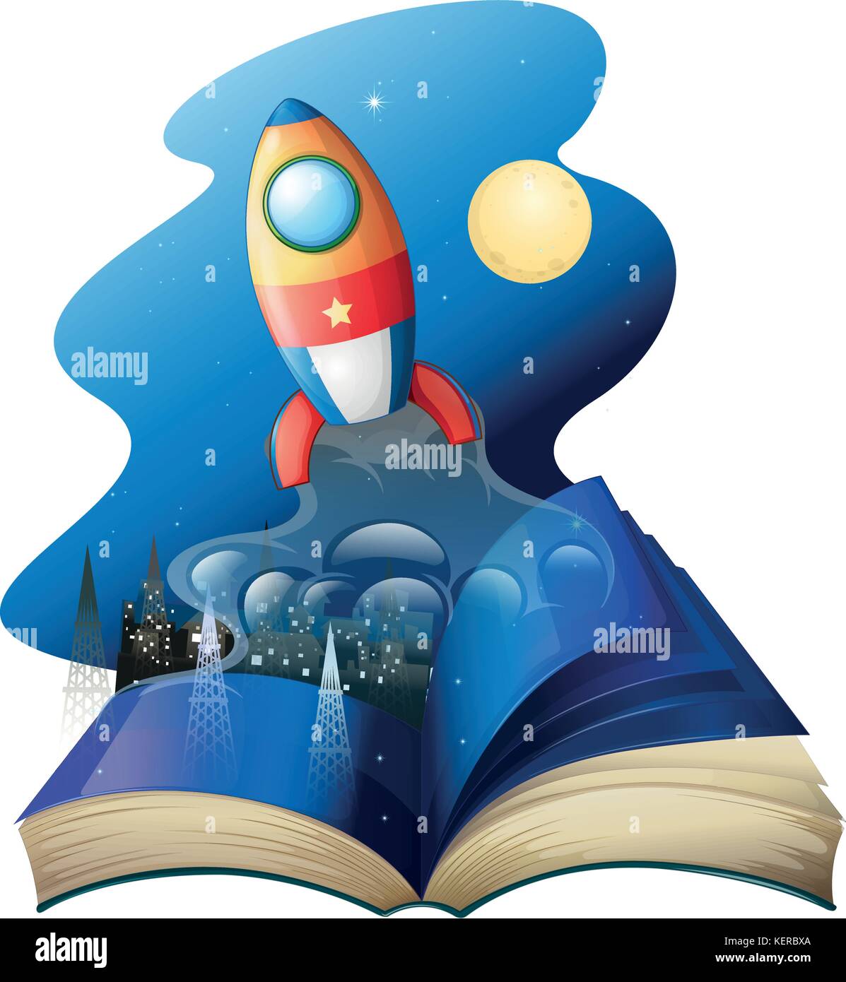 Illustration of a book with a rocket on a white background Stock Vector ...