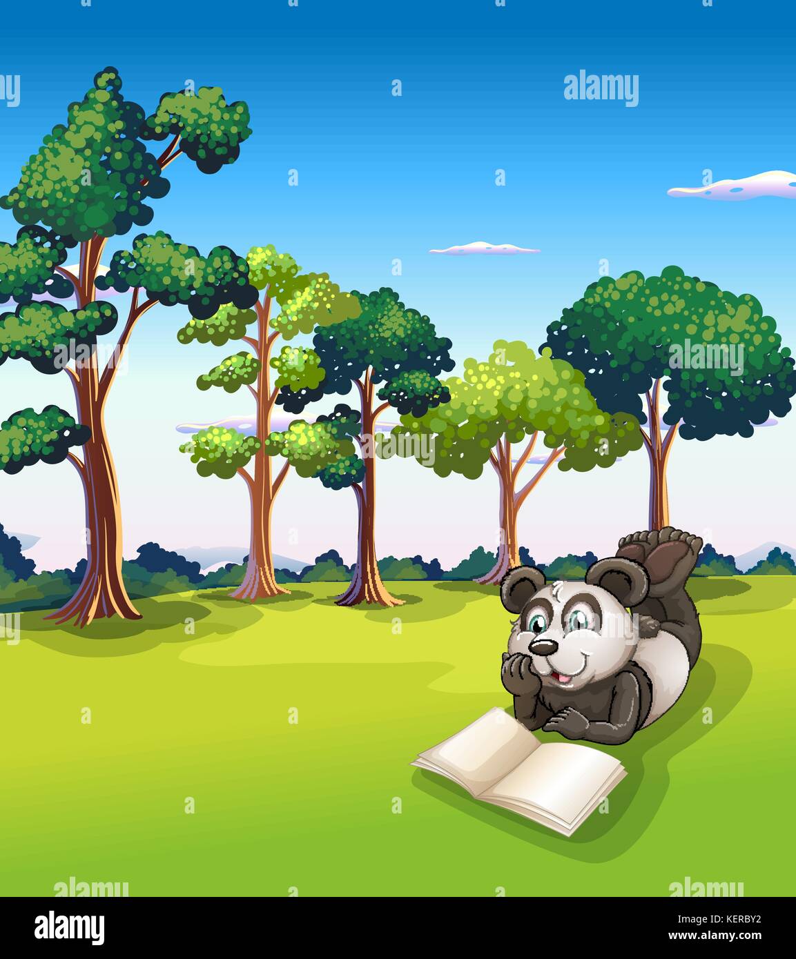 Illustration of a panda lying at the grass while reading a book Stock ...