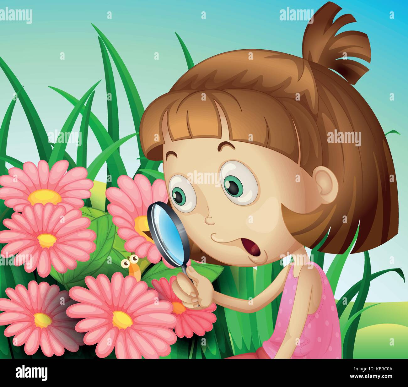 Illustration of a girl using a magnifying glass at the garden Stock ...