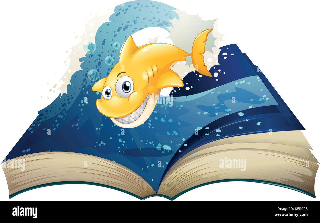 Illustration of an open storybook with a smiling shark on a white ...