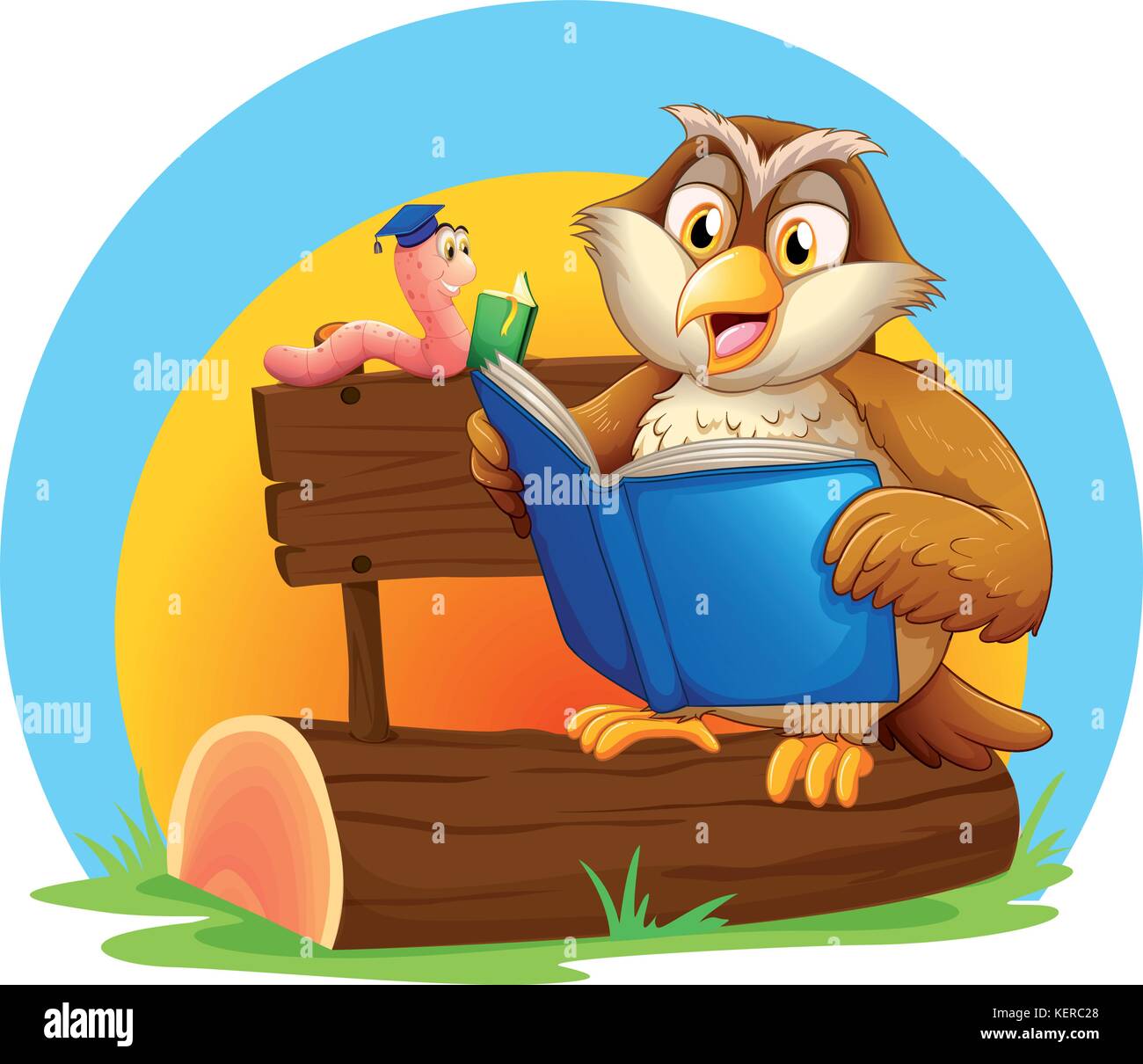 Illustration of an owl and a worm reading a book on a white background ...