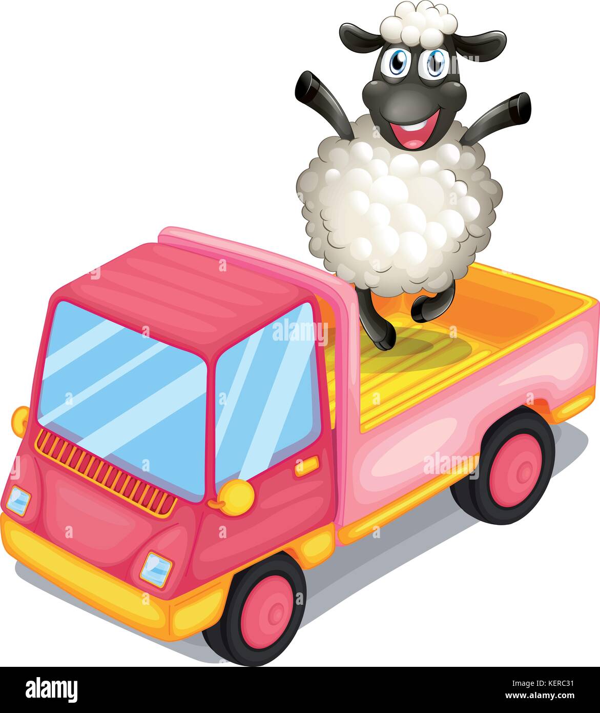Illustration of a sheep standing at the back of a truck on a white ...