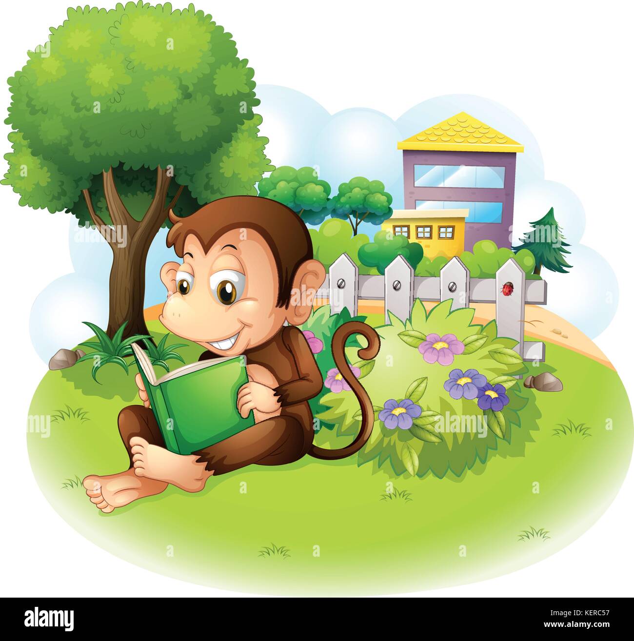 Illustration of a monkey reading a book near the plants with flowers on ...