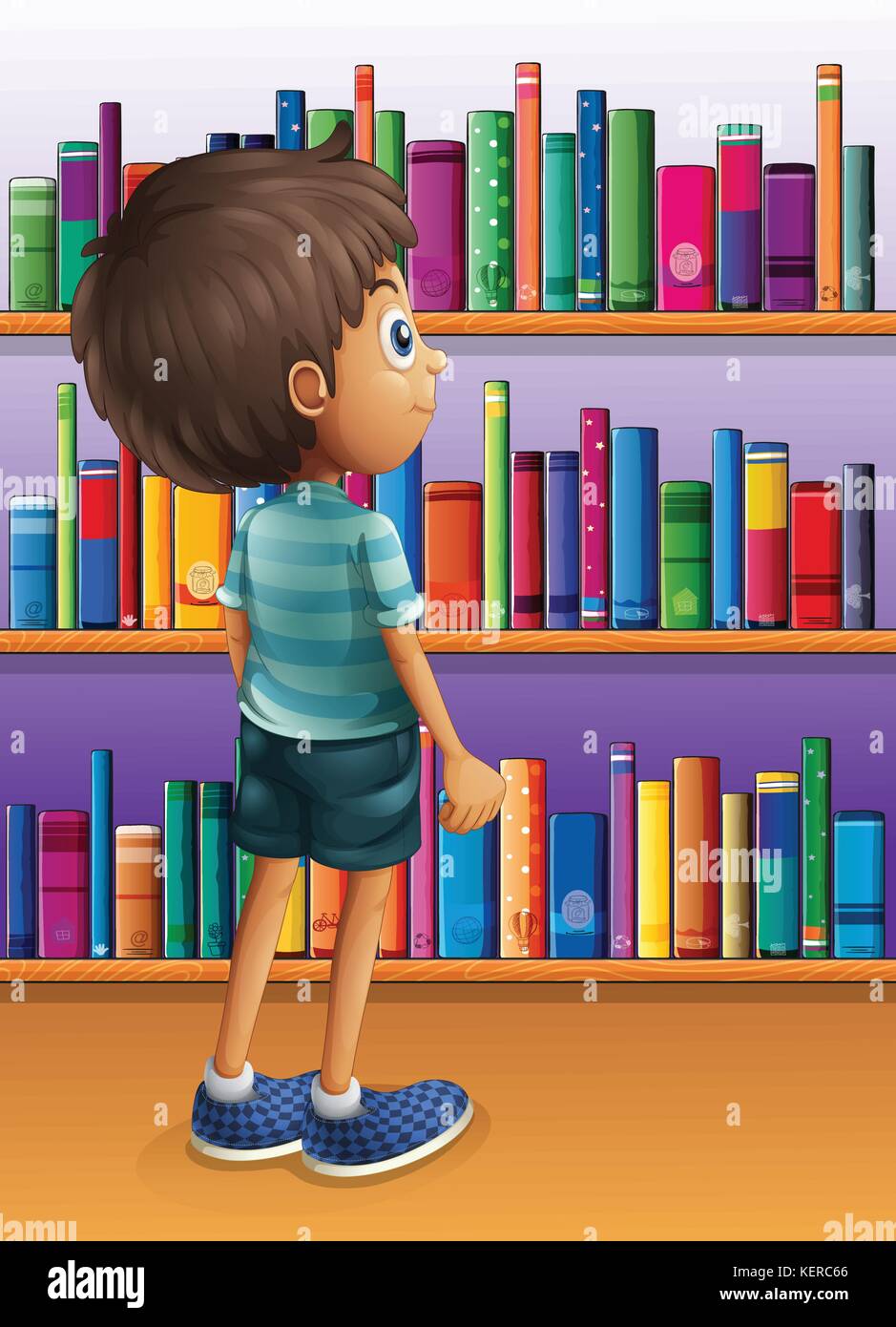 Illustration of a boy searching a book in the library Stock Vector ...
