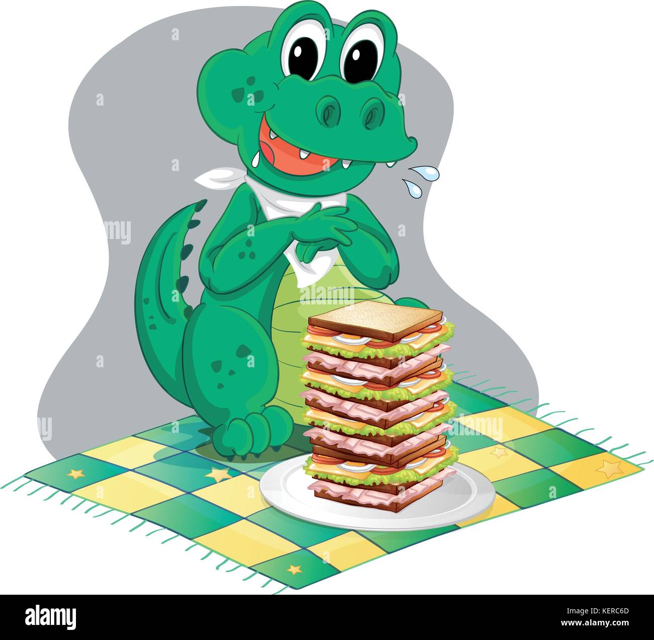 Illustration of a hungry crocodile in front of a big pile of sandwich ...