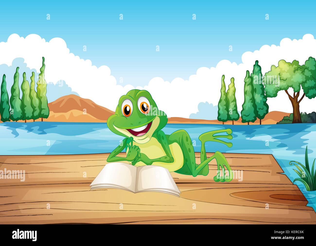 Illustration of a frog reading a book at the wooden diving board Stock ...