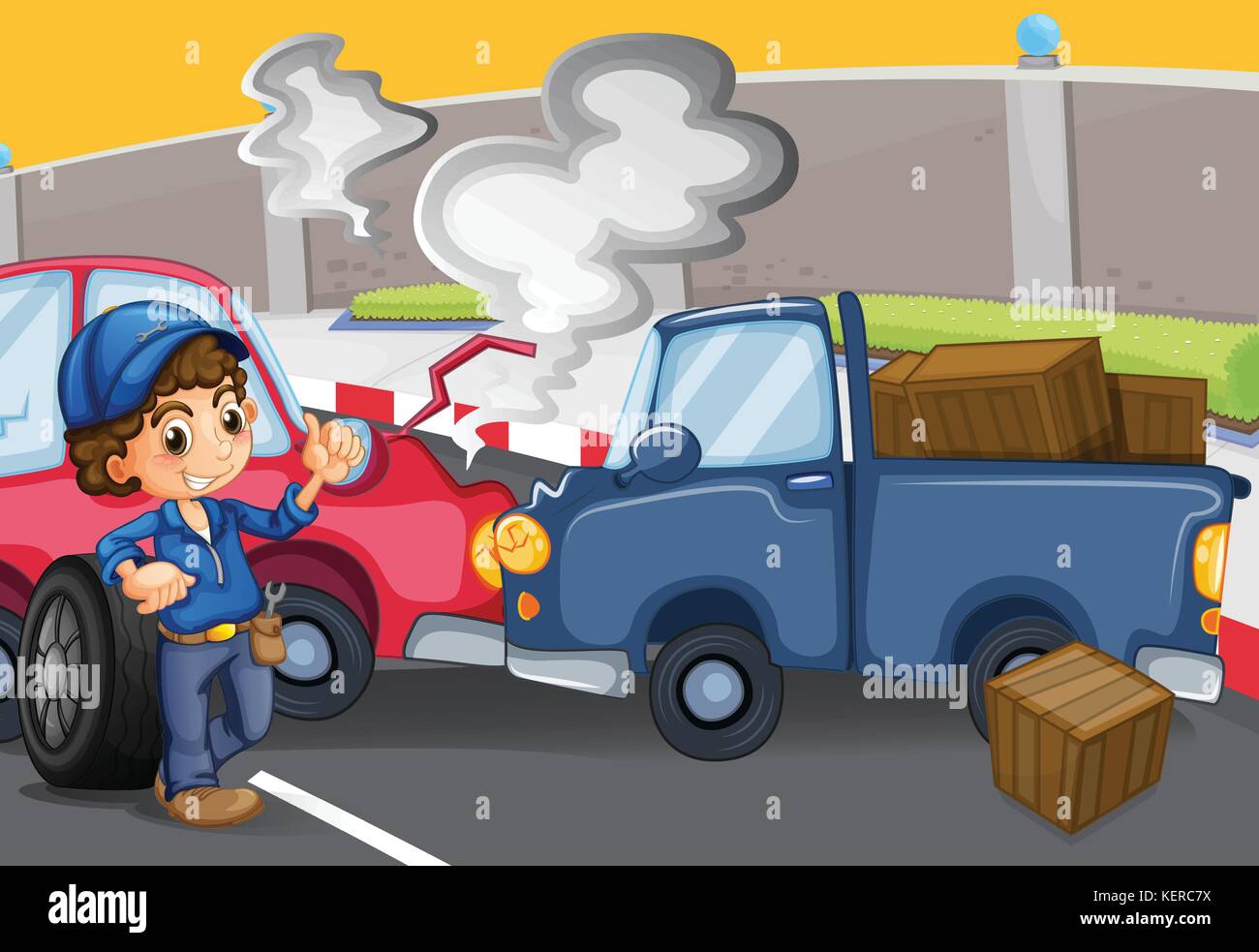 Illustration of a mechanic boy near the cars bumping Stock Vector Image ...