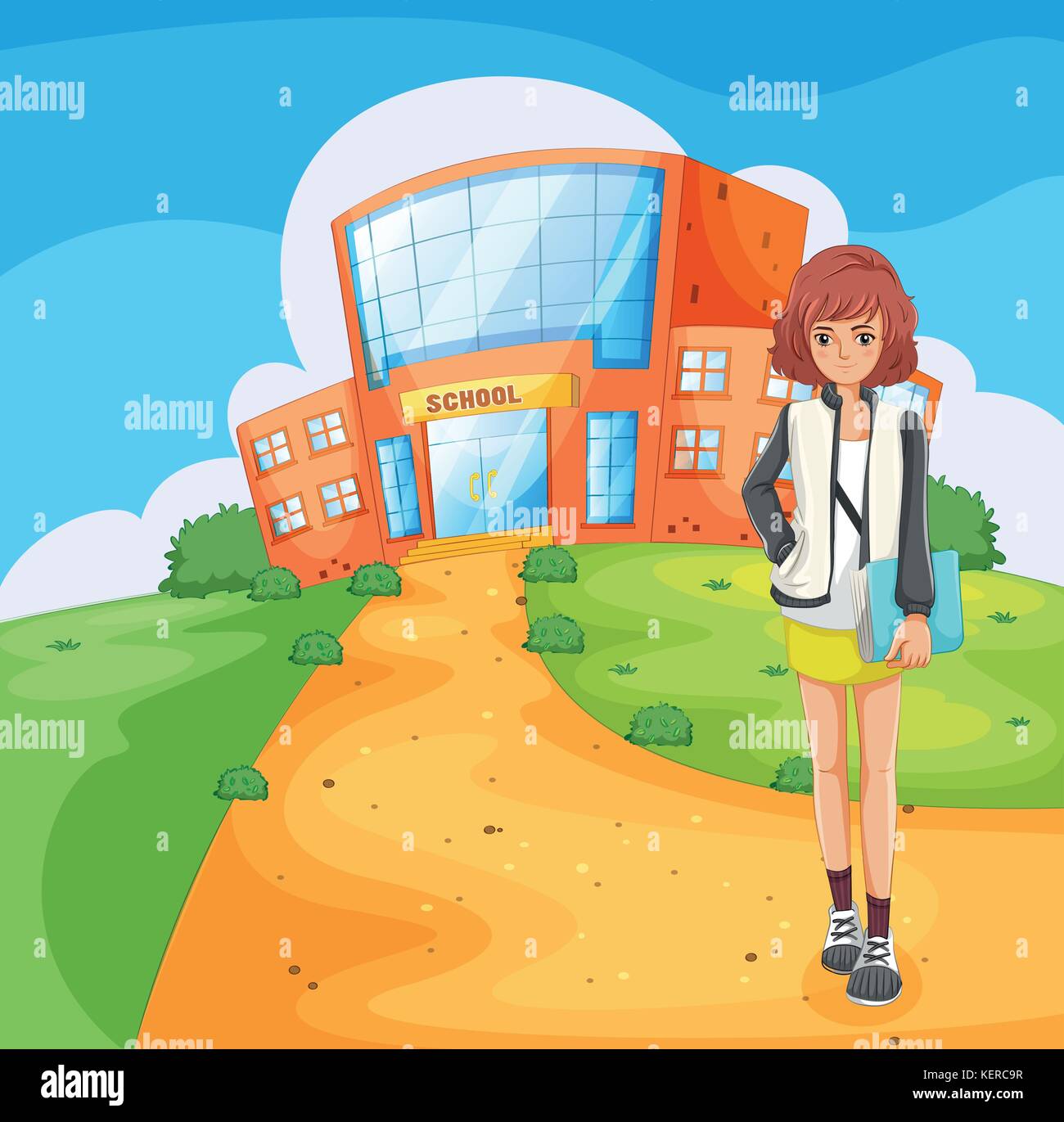 Illustration of a lady standing outside the school building Stock ...