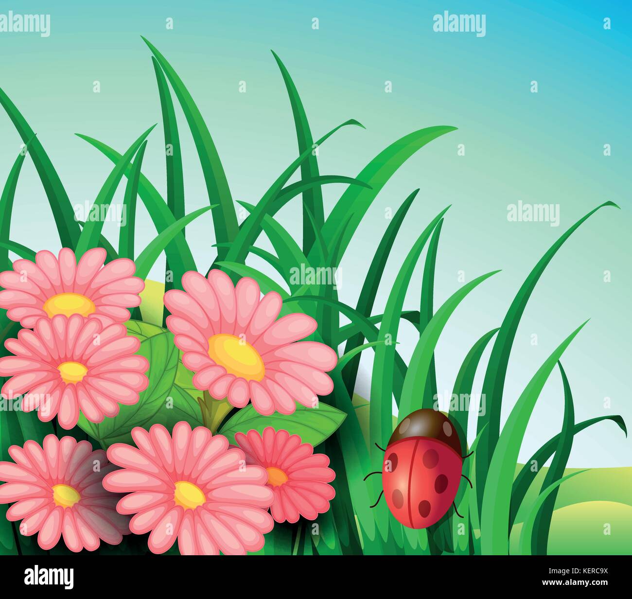 Illustration of a ladybug in the garden with pink flowers Stock Vector ...