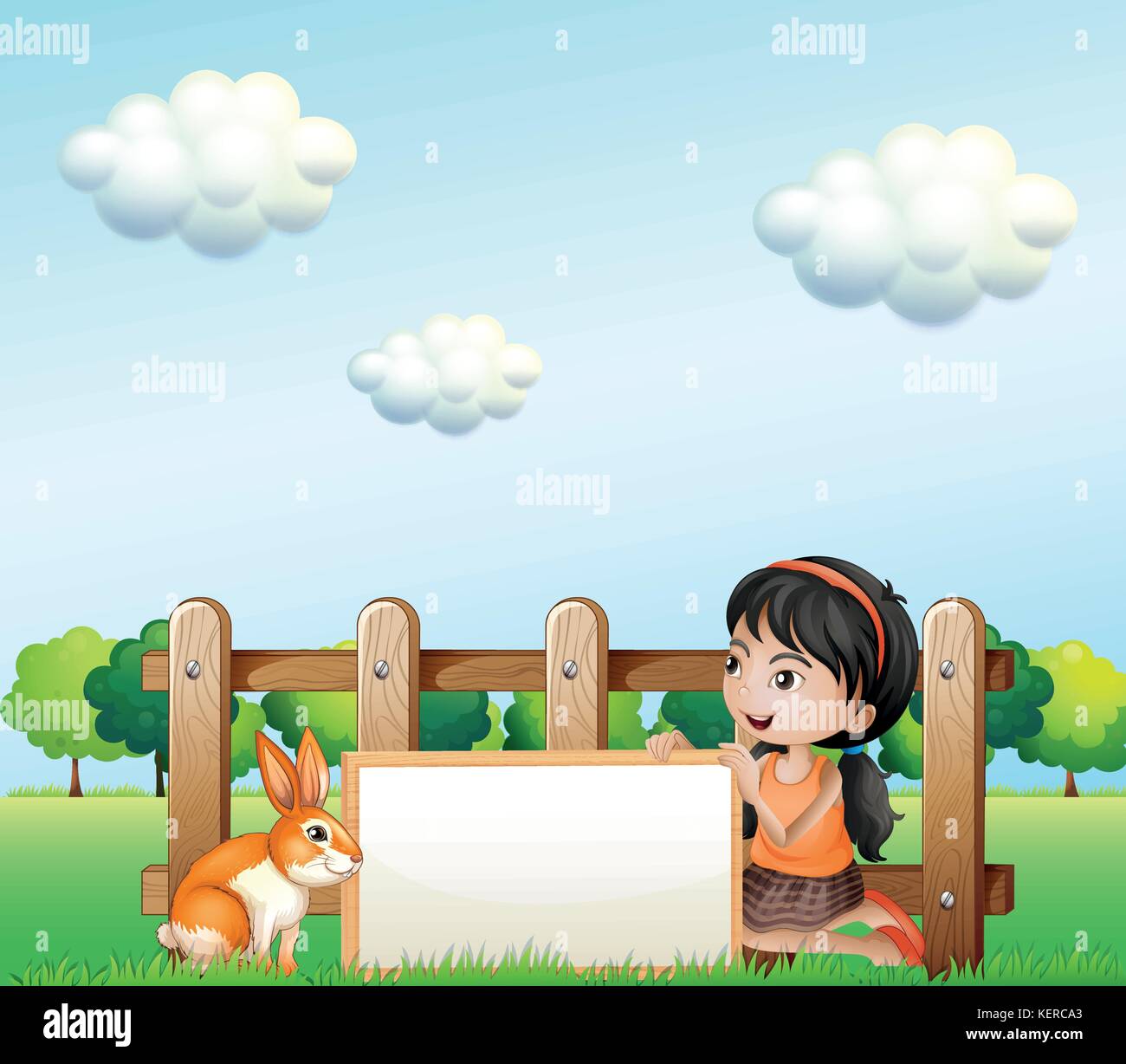 Illustration of a girl holding a framed banner near the fence Stock ...