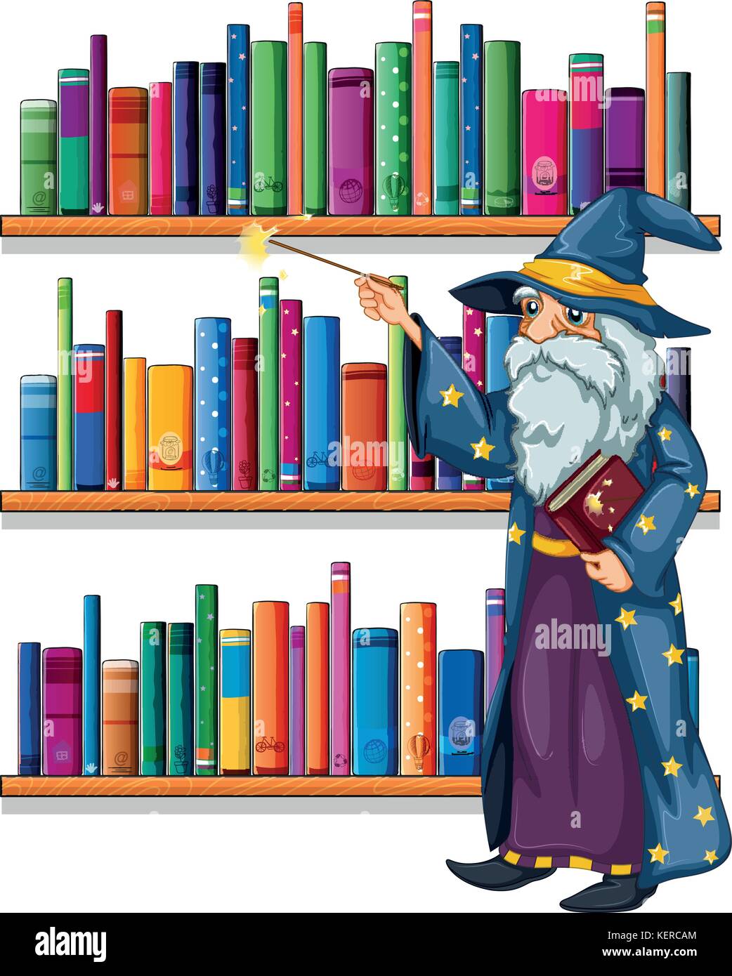 Illustration of a wizard holding a wand in front of the shelves with ...
