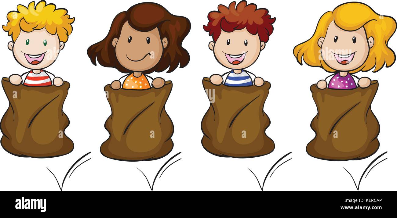 Illustration of the four kids jumping inside the sack on a white ...