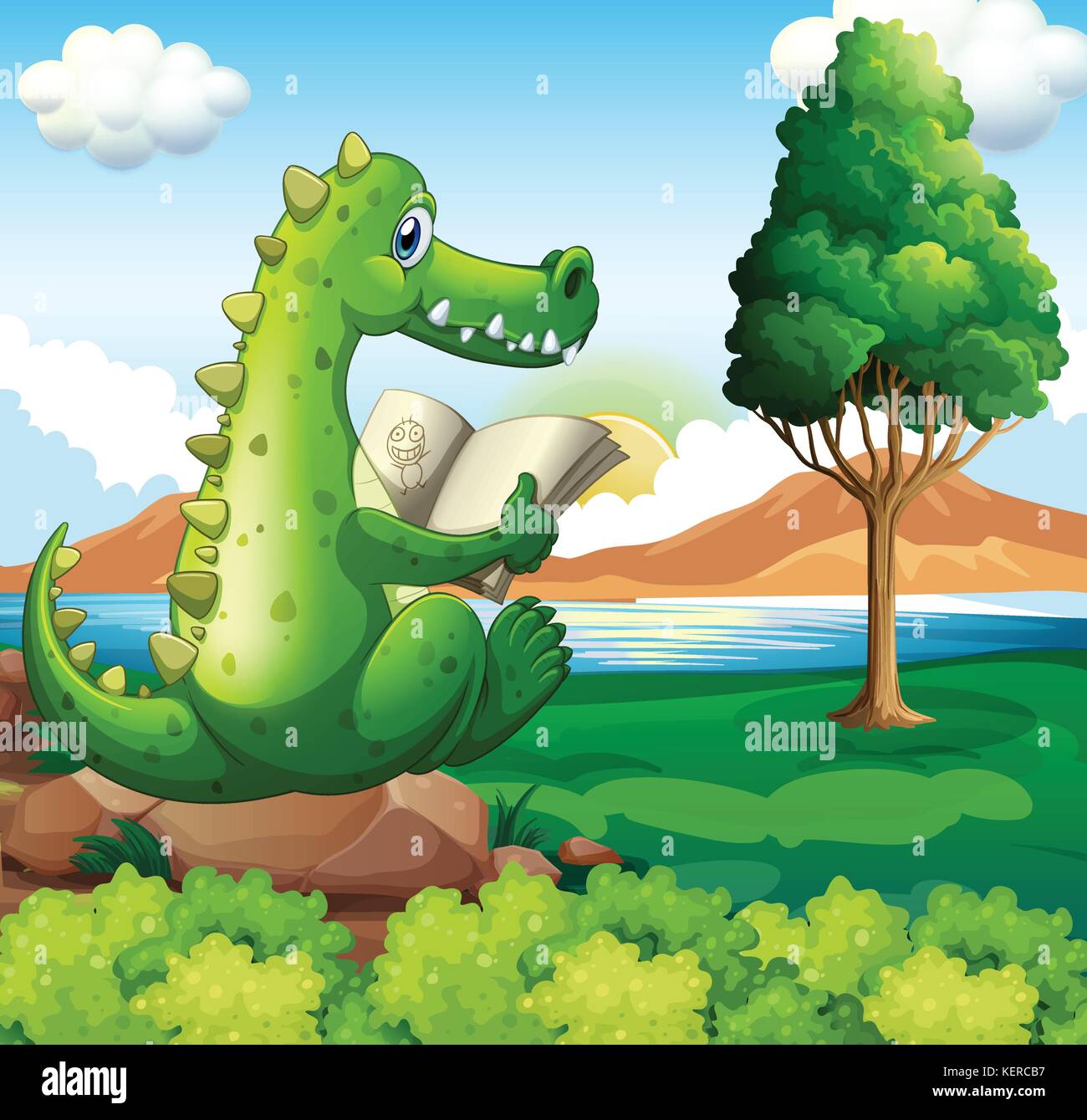 Illustration of a crocodile sitting above the rock while reading near ...